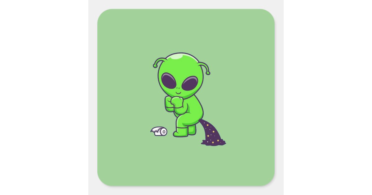 Cute alien pooping space square sticker | Zazzle