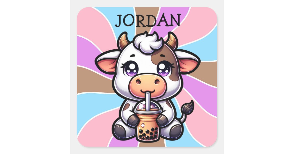 Cute Baby Cow Drinking Boba Kawaii Cartoon Square Sticker | Zazzle