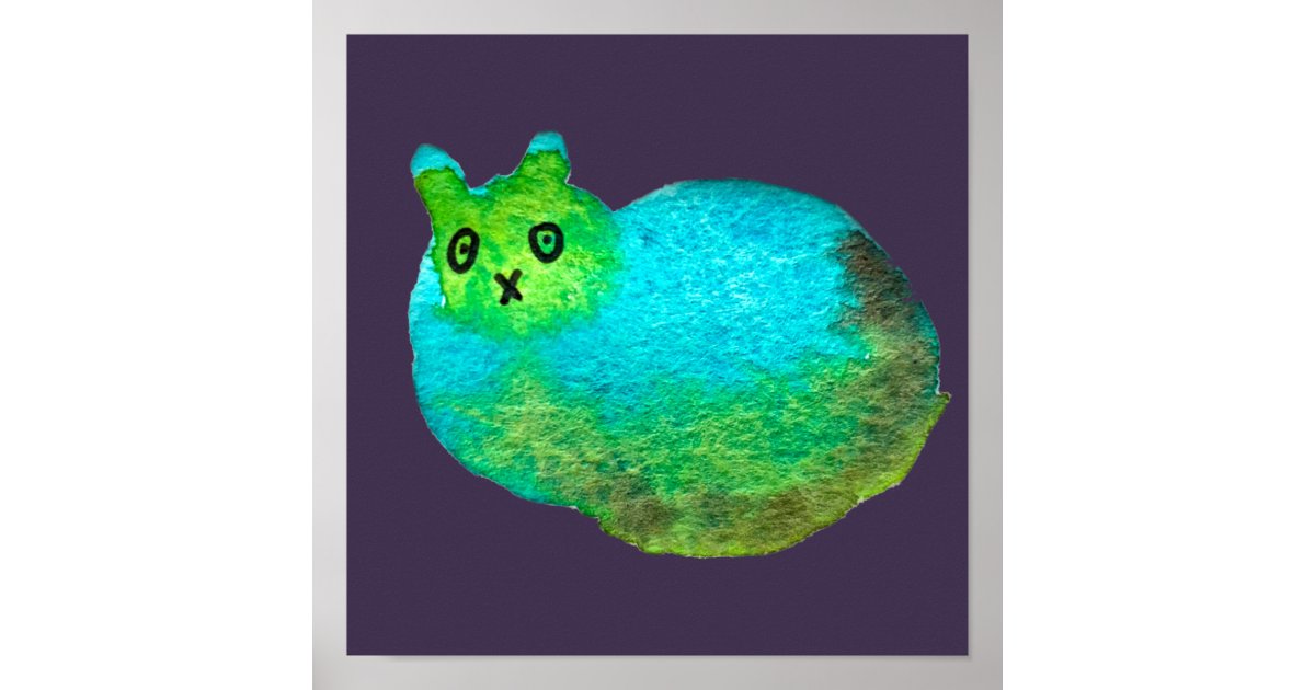 Cute blue fat cat art illustration poster | Zazzle