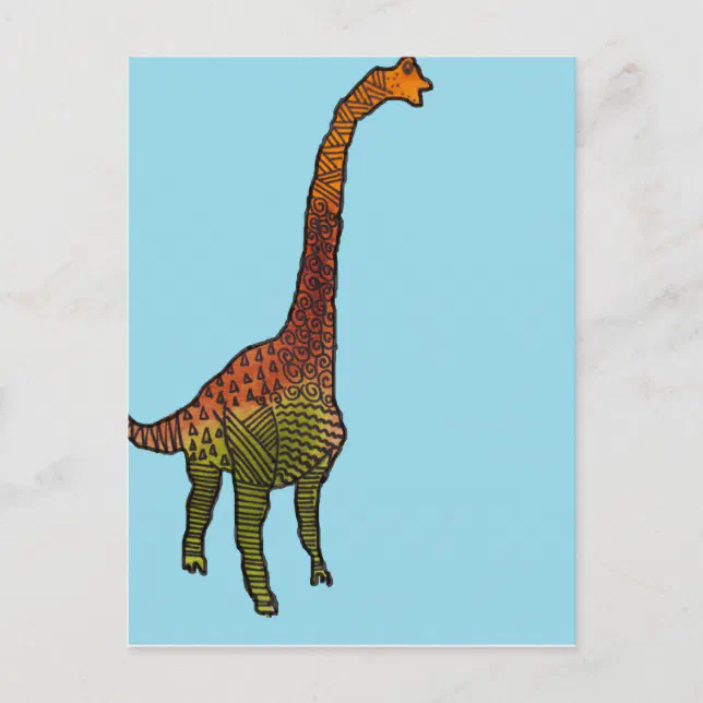 Cute blue kids brachiosaurus dinosaur art postcard | Zazzle