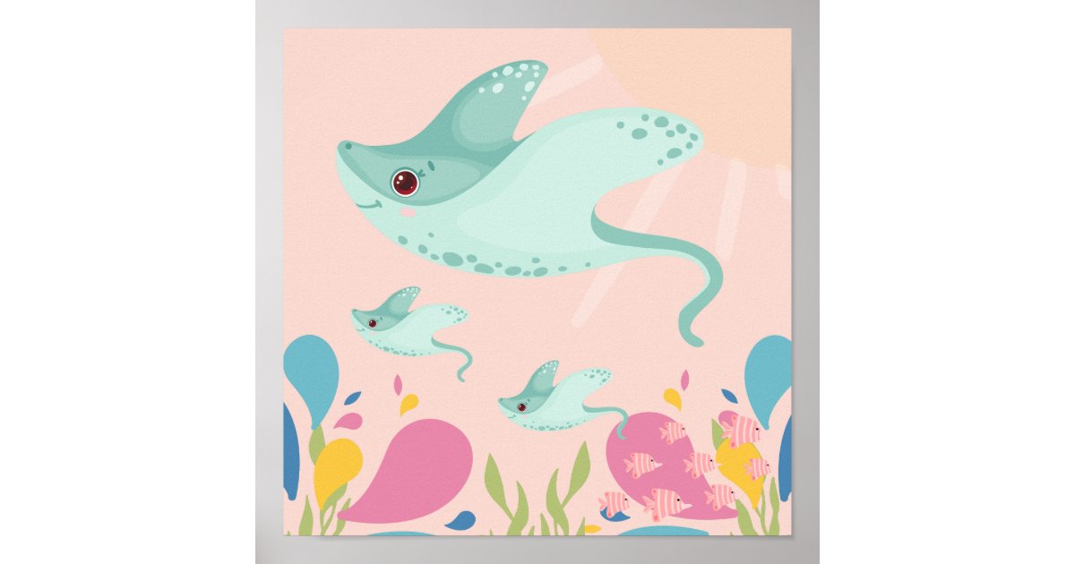 Cute blue stingray in pink ocean scene, poster | Zazzle