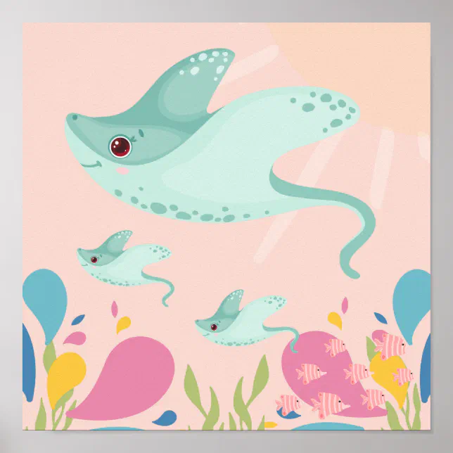 Cute blue stingray in pink ocean scene, poster | Zazzle