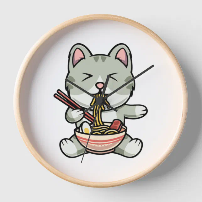 Cute cat eating soba noodles cartoon icon illustra clock | Zazzle