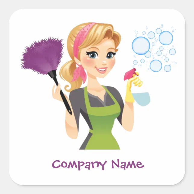 Cute Cleaning Cartoon Housekeeping Maid Service Square Sticker | Zazzle