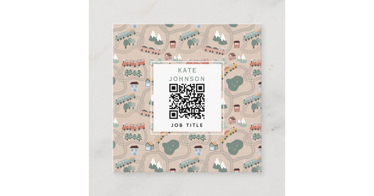 Cute Colourful Trains on Train Tracks QR Code Square Business Card | Zazzle