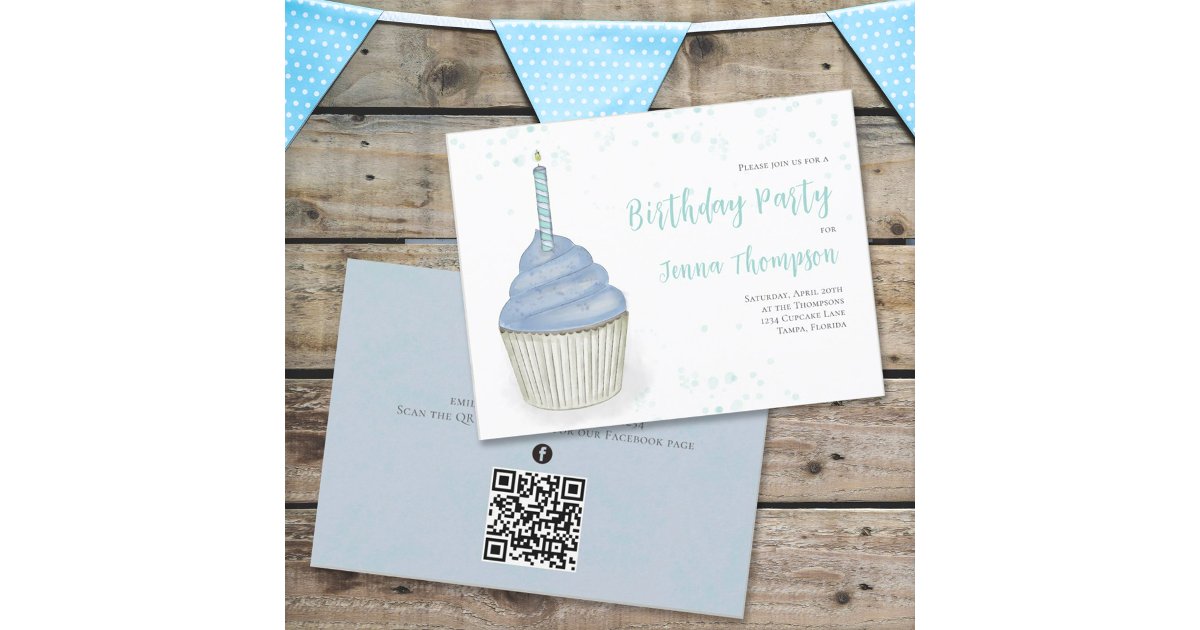 Cute Cupcake Blue QR Code Social Media Simple Invitation | Zazzle