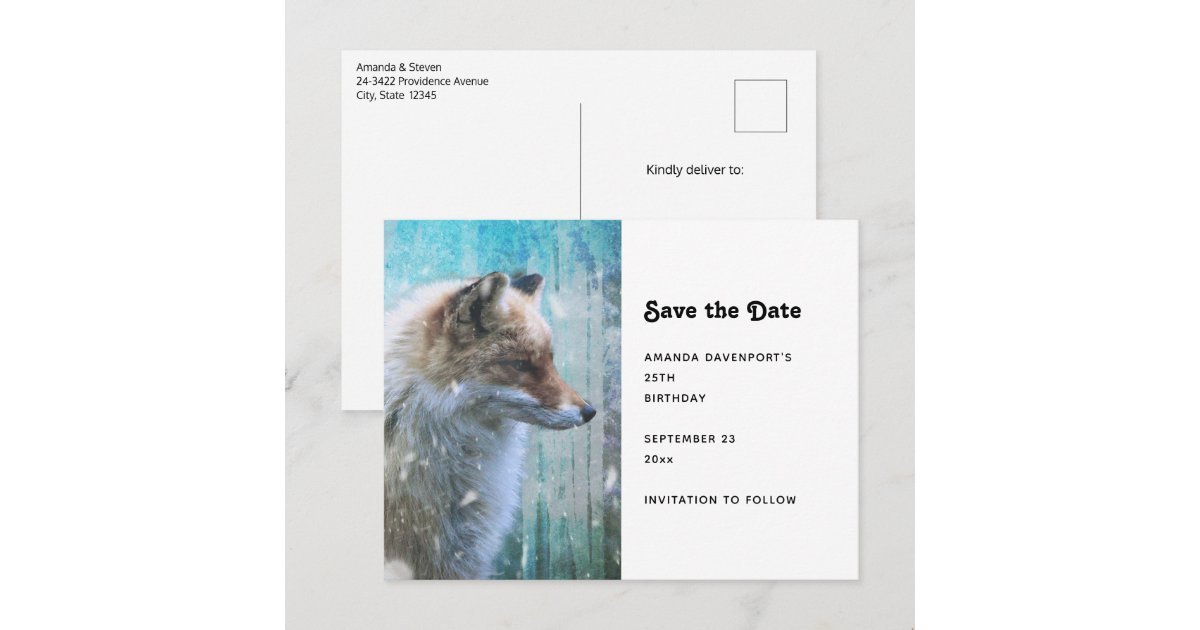 Cute Furry Fox on Blue Grunge Background Announcement Postcard | Zazzle