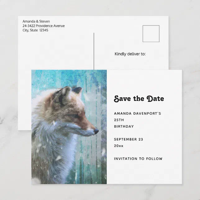 Cute Furry Fox on Blue Grunge Background Announcement Postcard | Zazzle