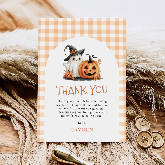 Cute Gingham Halloween Ghost 1st Birthday Thank You Card | Zazzle