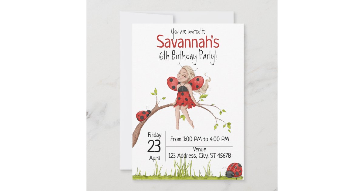 Cute Girly Whimsical LadyBug 6th Birthday Invitation | Zazzle