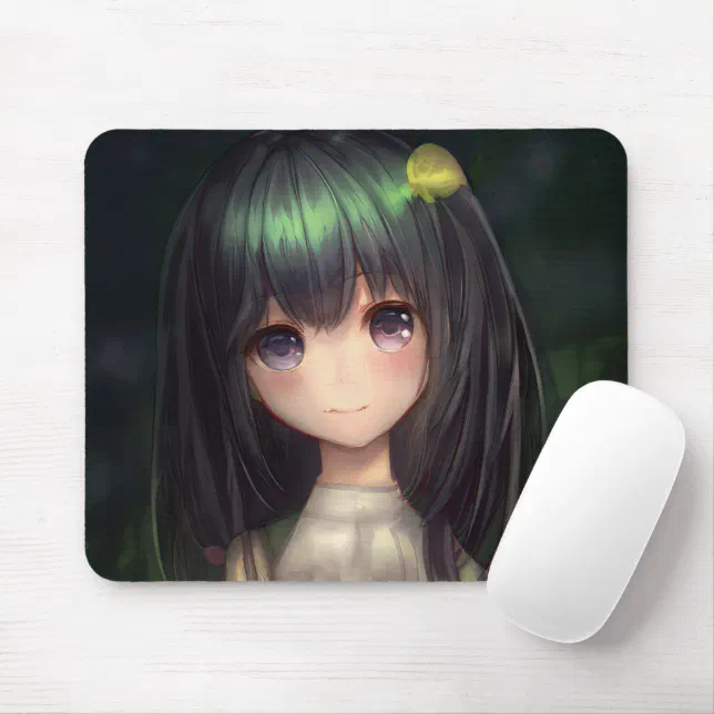 Cute Green Black Hair Manga Girl Waifu Kawaï Anime Mouse Pad | Zazzle