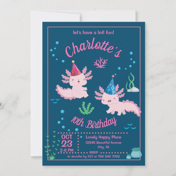 Cute Happy Axolotl Birthday Party Invitation | Zazzle