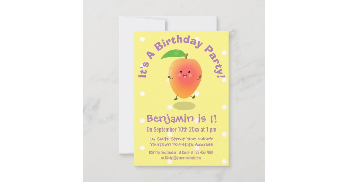 Cute happy mango yellow cartoon birthday invitation | Zazzle