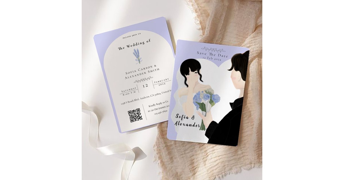Cute Illustration With QR Code RSVP Wedding Invitation | Zazzle
