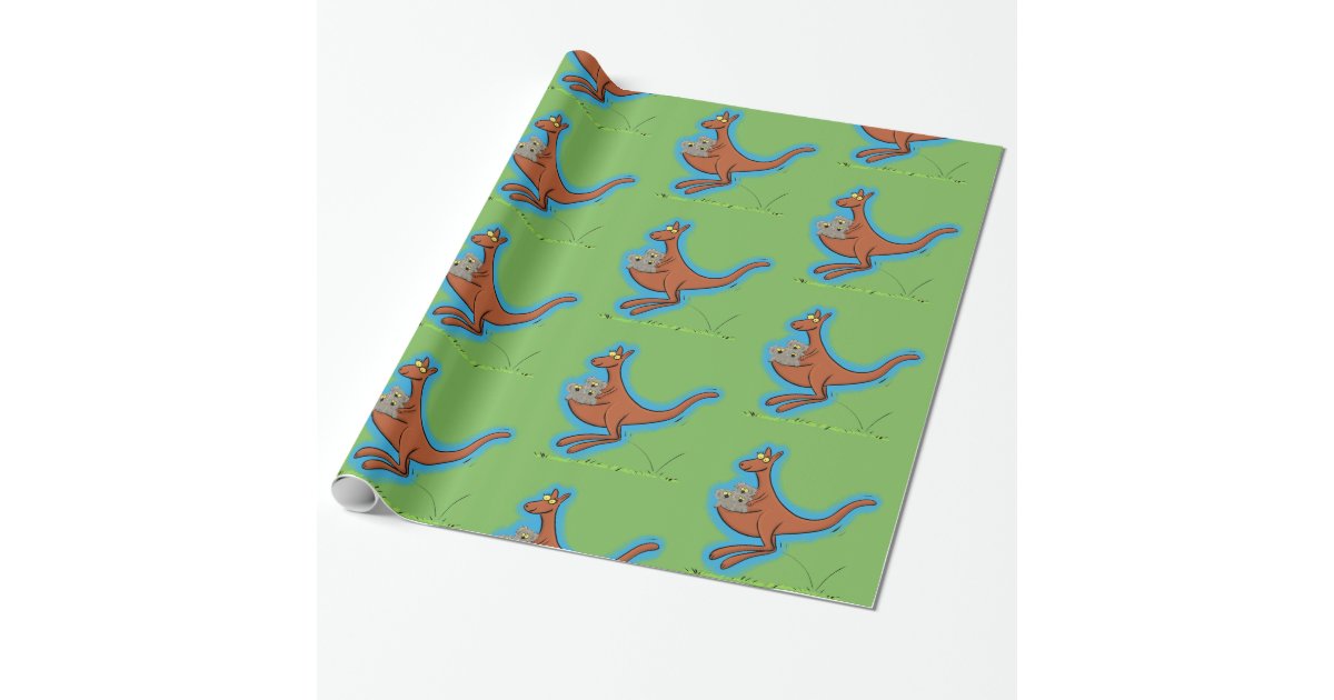 Cute Kangaroo with koalas cartoon green pattern Wrapping Paper | Zazzle
