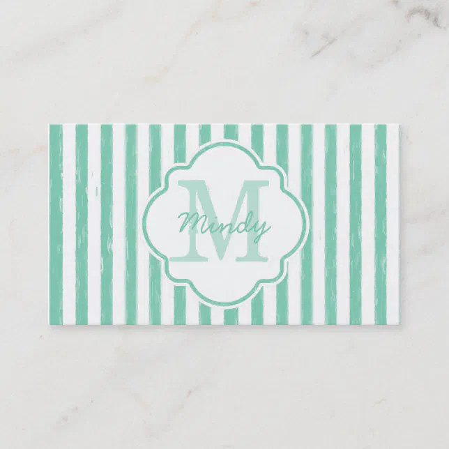 Cute Mint Green Painted Stripes Monogram and Name Business Card | Zazzle