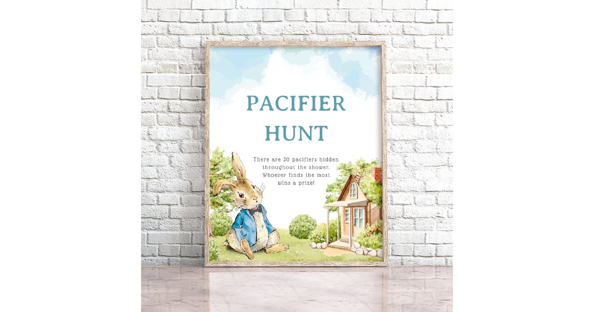 Cute Peter The Rabbit Baby Shower Pacifier Hunt Poster | Zazzle