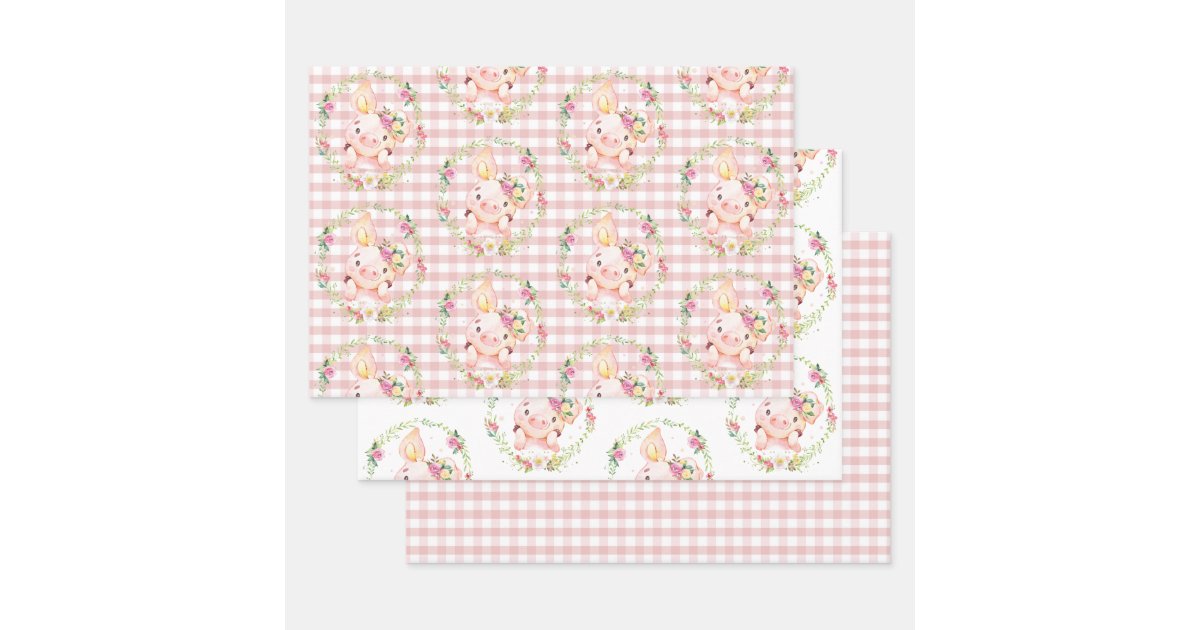 Cute Pig Pink Floral Baby Shower Birthday Gingham Wrapping Paper Sheet ...