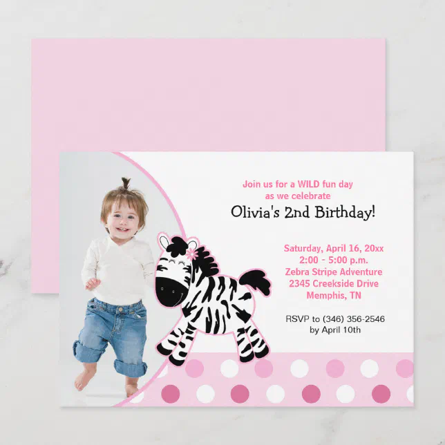 Cute Pink Zebra Girl Photo Birthday Invitation | Zazzle