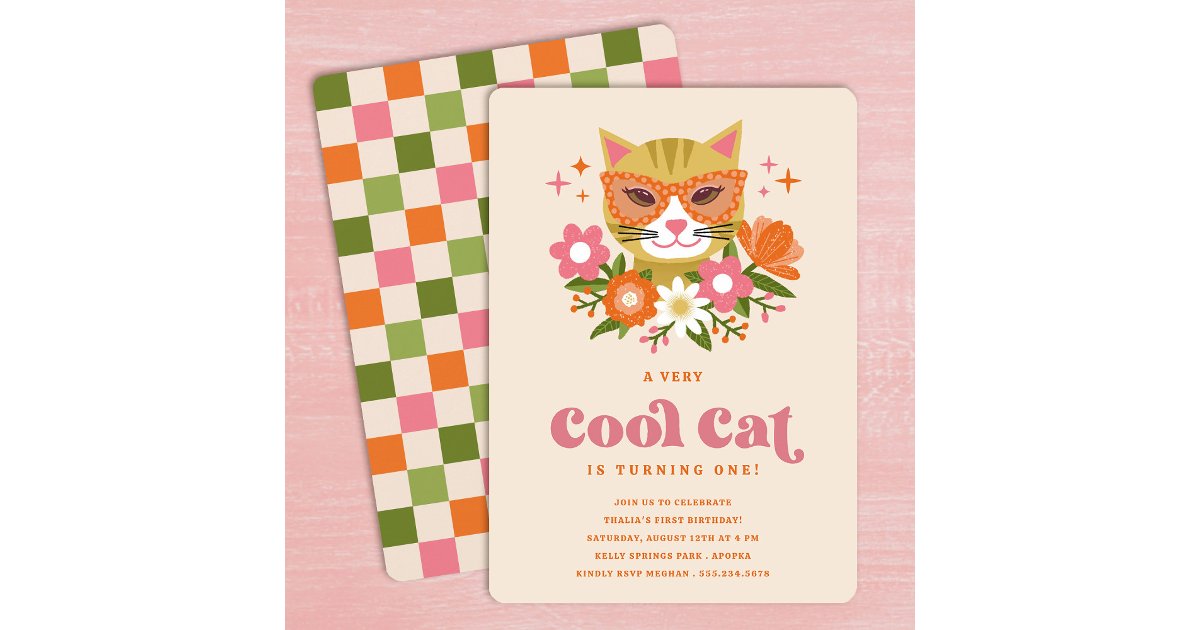 Cute Retro Floral Cool Cat First Birthday Party Invitation | Zazzle