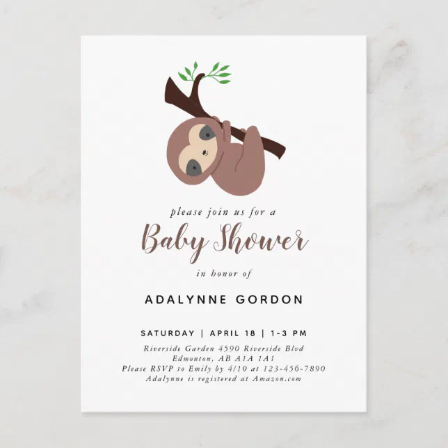 Cute Sloth Baby Shower Boy Adorable Animal Invitat Invitation Postcard ...