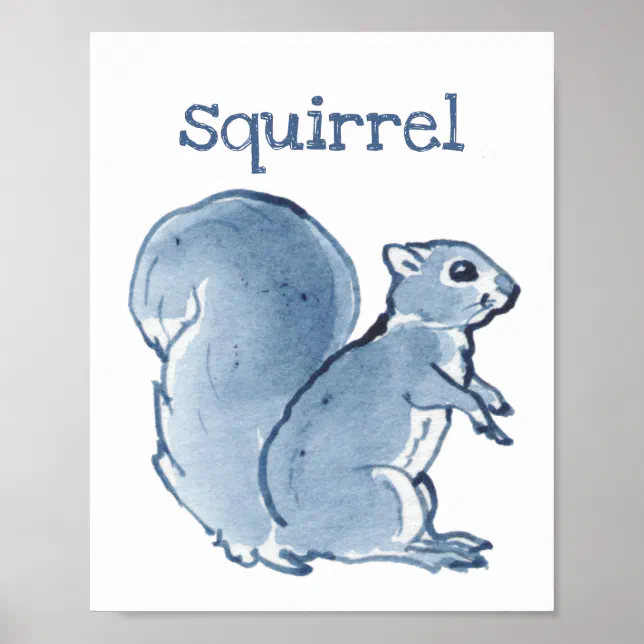 Cute Squirrel Blue Watercolor Animal Nature Art Poster | Zazzle