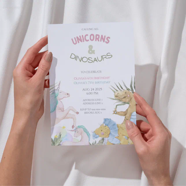 Cute unicorns and dinosaurs joint sibling birthday invitation | Zazzle