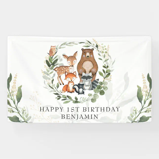 Cute Woodland Greenery Animals Happy Birthday Banner | Zazzle