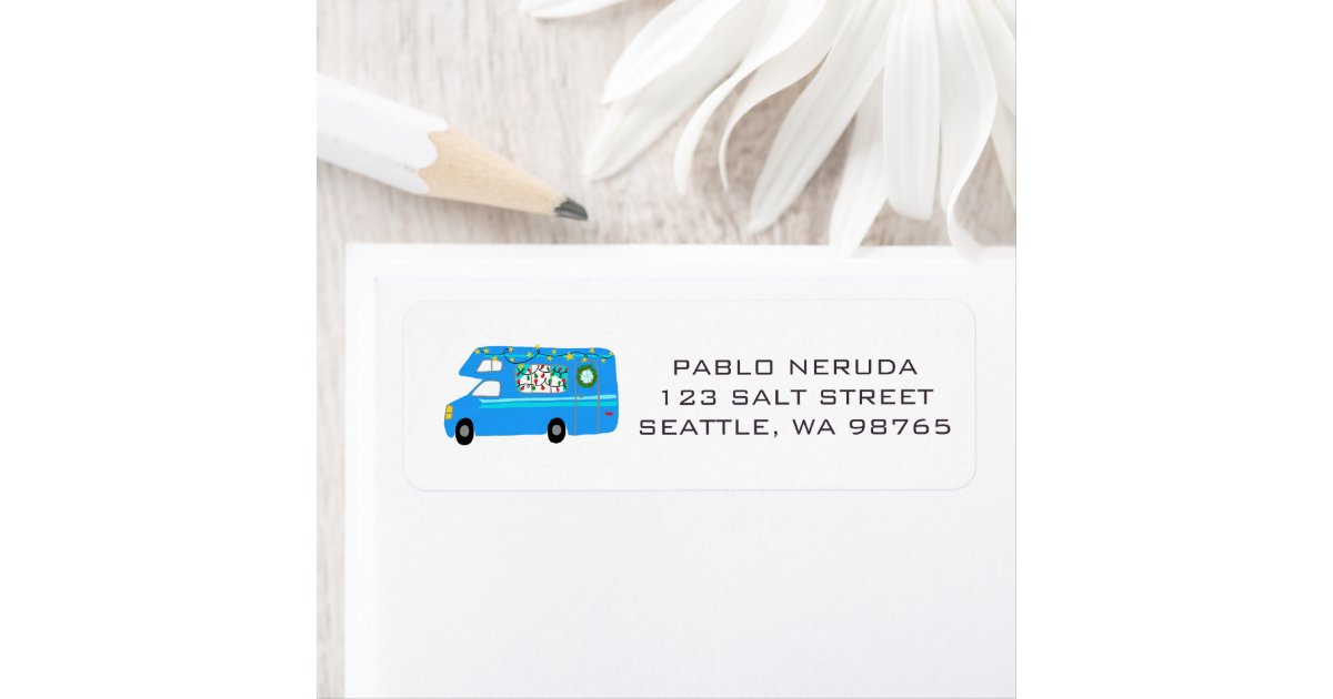 Cute Xmas RV Motorhome Blue CUSTOM Mailing Label Return Address Label ...