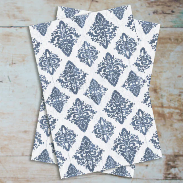 Damask Navy Blue Watercolor Rustic Wood Decoupage Tissue Paper | Zazzle