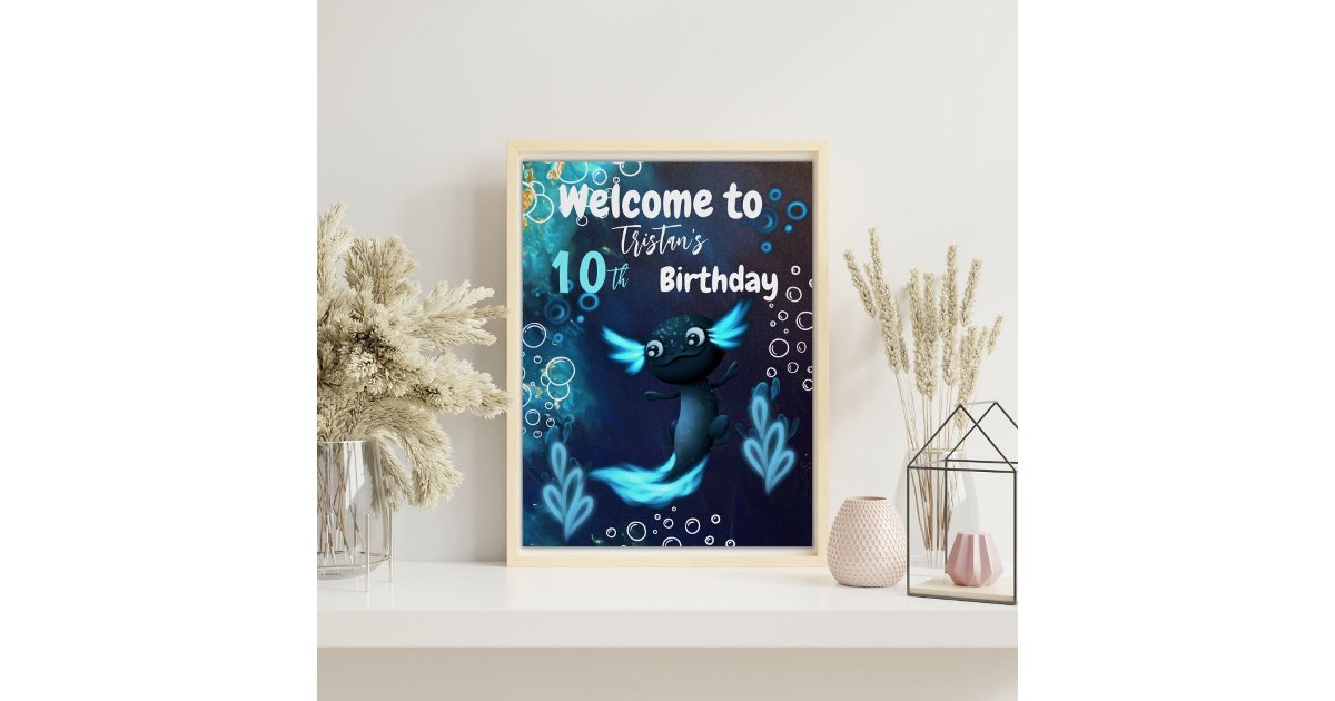 Dark Blue Neon Axolotl Birthday Party Poster | Zazzle