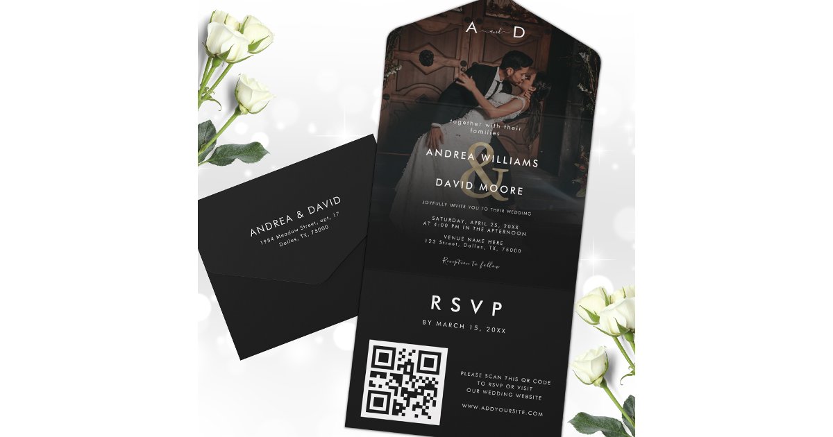 Dark Faded Photo Gold Ampersand & QR Code Wedding All In One Invitation ...