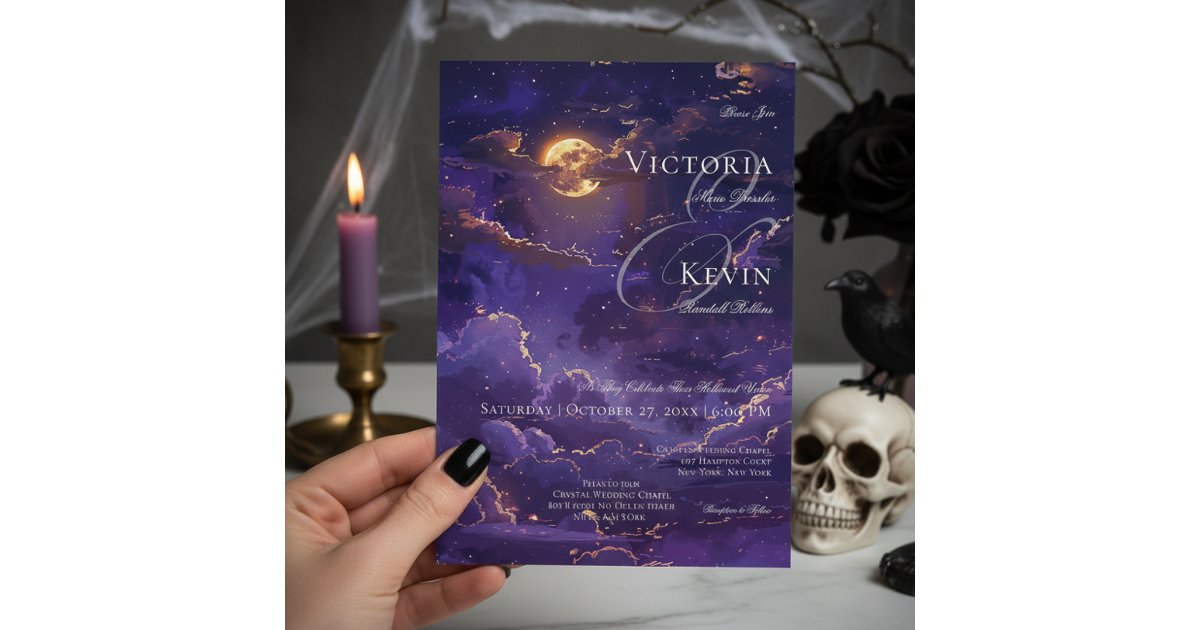 Dark Moody Purple & Gold Moonlit Clouds Wedding Invitation | Zazzle
