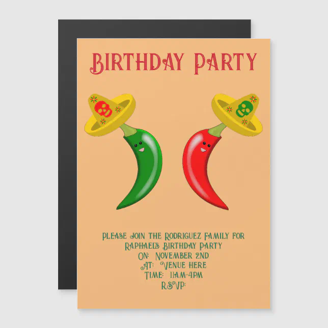 Day of the Dead Mexican Chilis Custom Birthday Magnetic Invitation | Zazzle