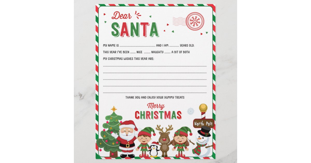 Dear Santa Christmas Letter, Wish List for kids | Zazzle