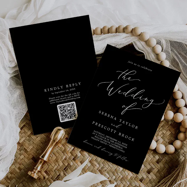 Delicate Dark Black QR Code Back Wedding Invitation | Zazzle