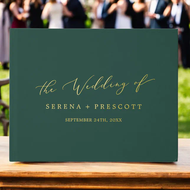 Delicate Gold Foil and Green Monogram Back Wedding Guest Book | Zazzle