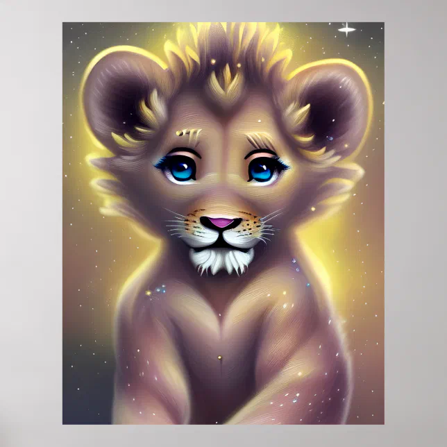 Detailed Fantasy Cute Kawaii baby lion cub Poster | Zazzle