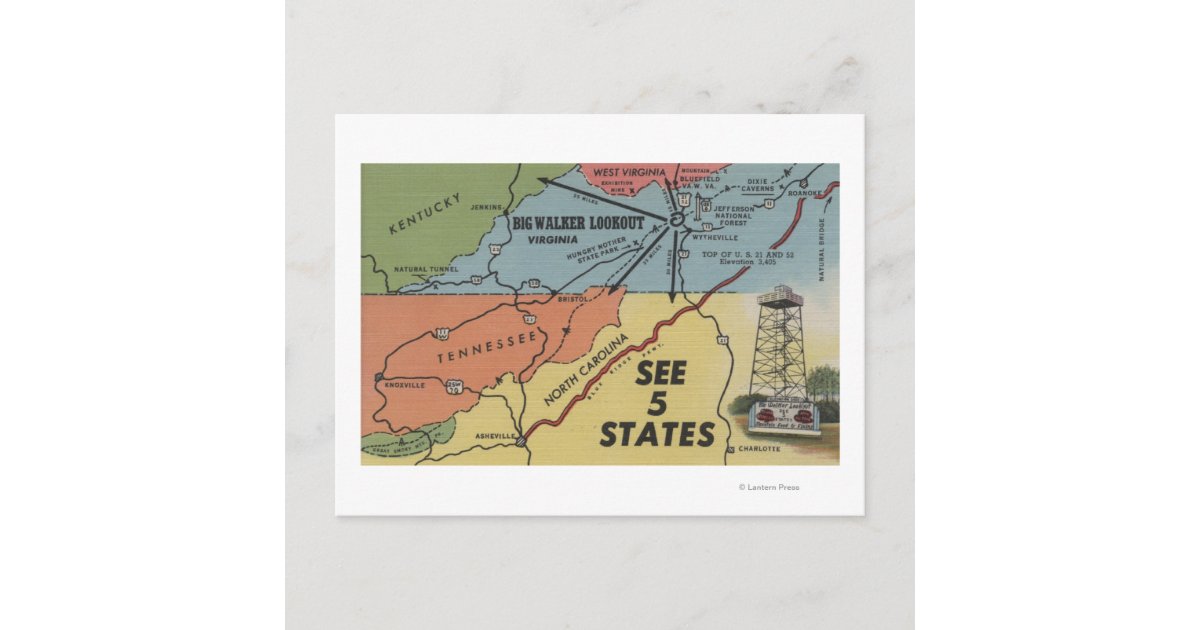 Detailed Map of 5 States - Big Walker Lookout, V Postcard | Zazzle