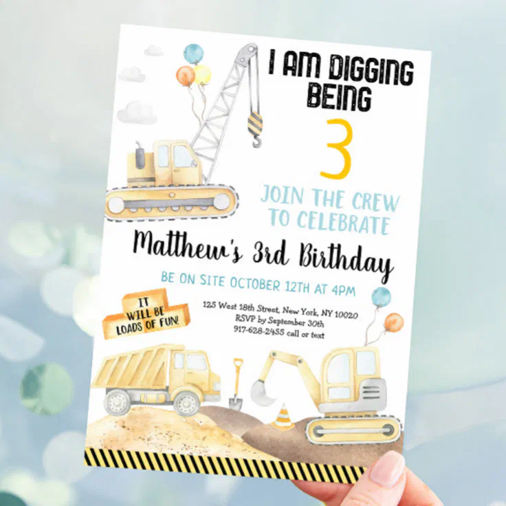 Digging Being Three Construction Birthday Invitation | Zazzle