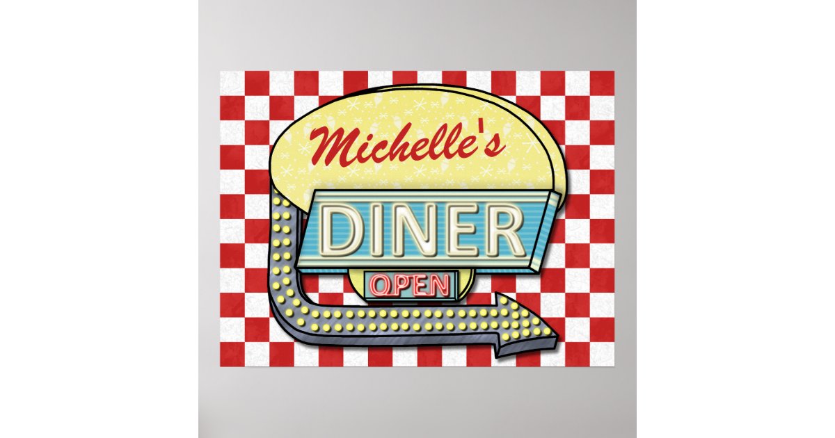 Diner Retro 50s Red Checkered | Custom Name Poster | Zazzle