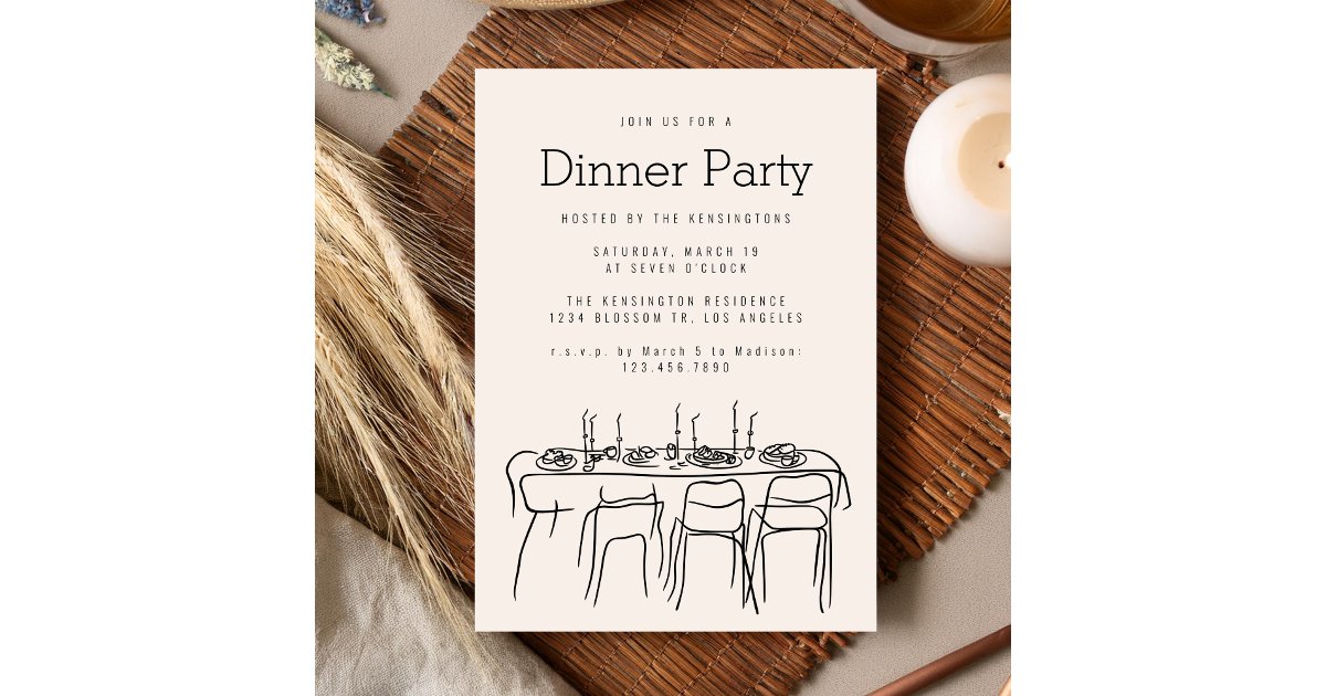 Dinner Table Party Modern Simple Line Drawing Invitation | Zazzle