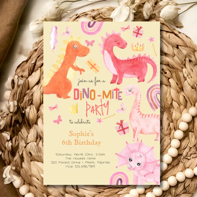 Dino-mite pink dino birthday party invitation | Zazzle