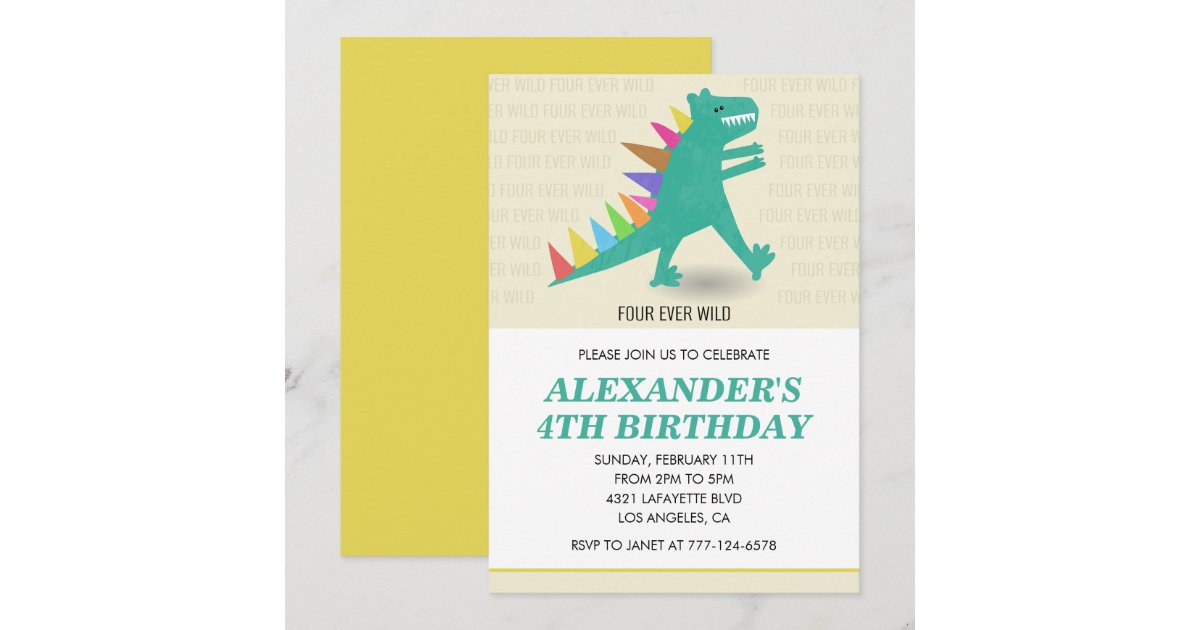 Dinosaur 4th birthday Kids Colourful t rex Invitation | Zazzle