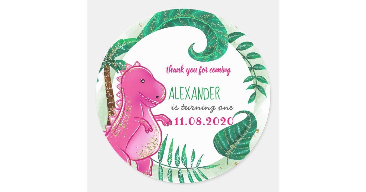 Dinosaur Birthday Party Cute T-Rex Pink Thank You Classic Round Sticker ...