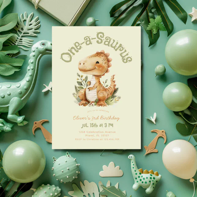 Dinosaur One-A-Saurus 1st Birthday Party Boys Invitation | Zazzle