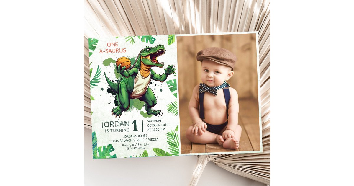 Dinosaur One-A-Saurus 1st Birthday Photo Invitation | Zazzle