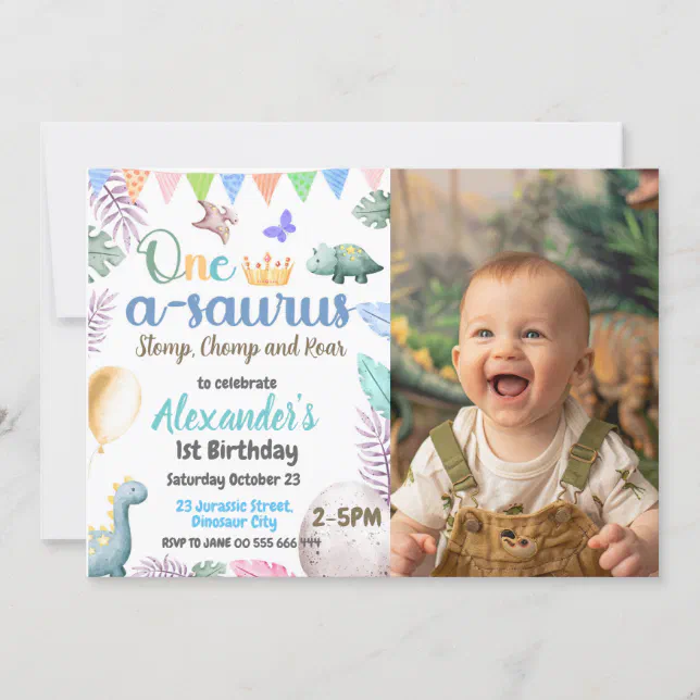 Dinosaur Photo 1st Birthday One-A-Saurus Party Invitation | Zazzle