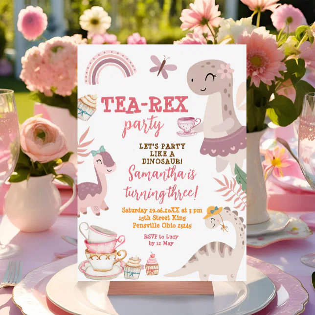 Dinosaur Tea-Rex 3rd Girl Birthday Party Invitation | Zazzle