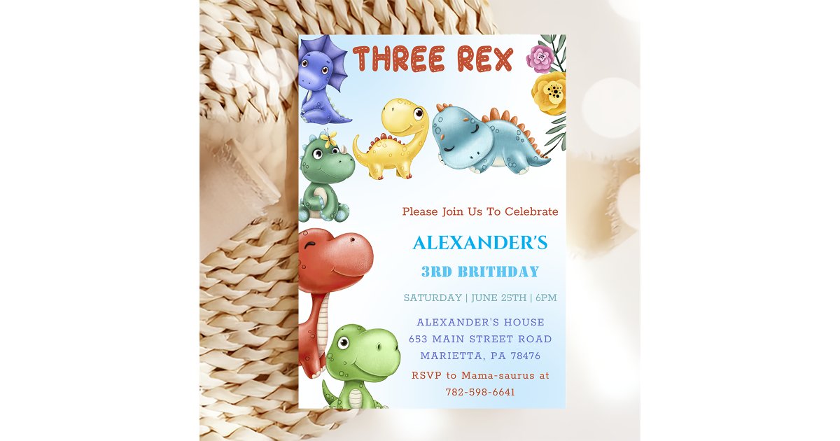 Dinosaur Three Rex Birthday Party Invitation | Zazzle